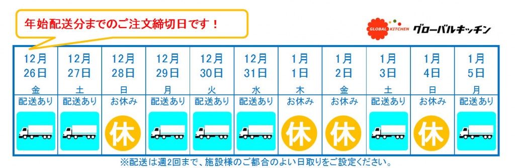 年末年始の配送|グローバルキッチン株式会社|介護食ならまごの手キッチン